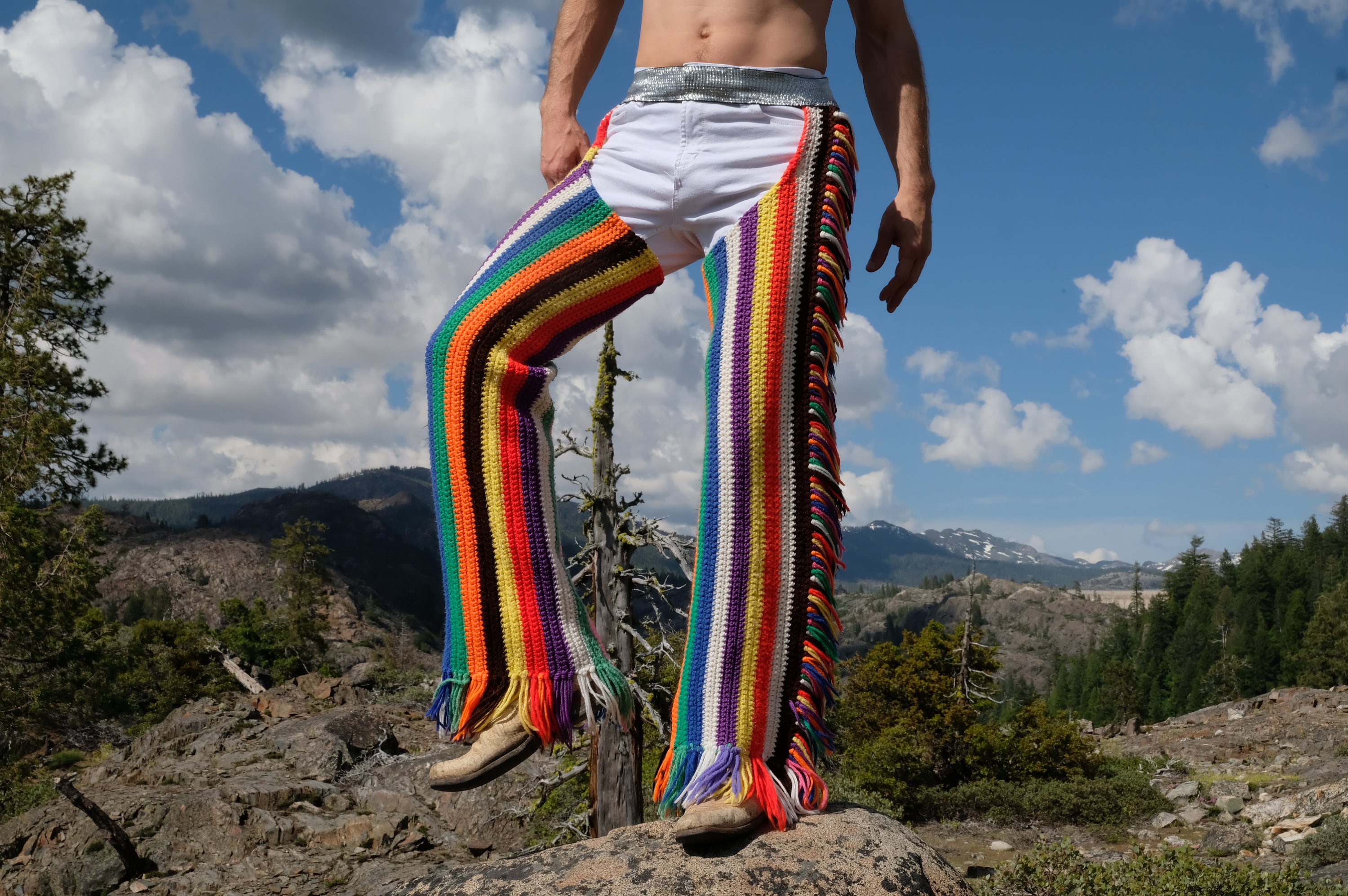 Crochet Chaps Rainbow Side Fringe and Silver Elastic M