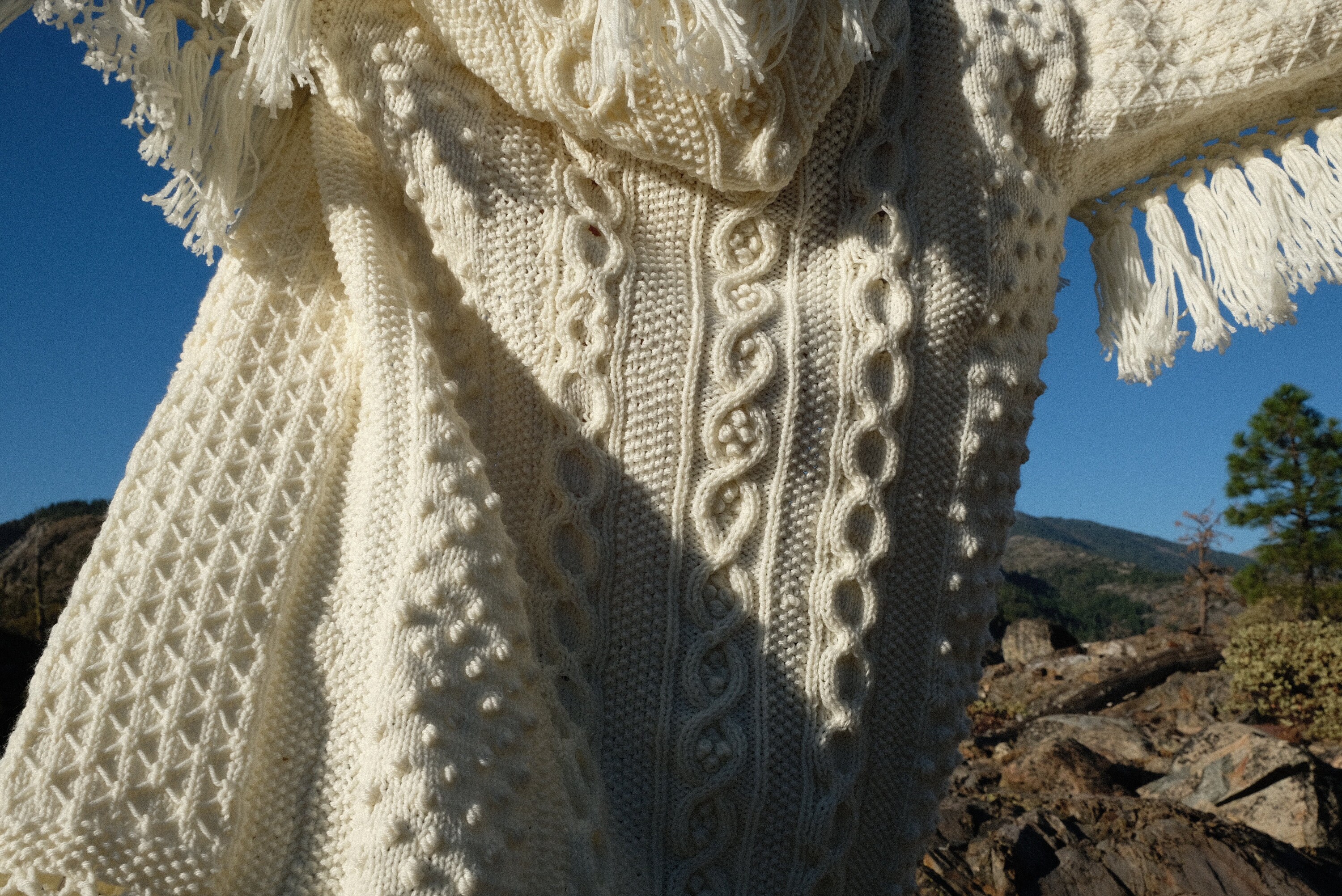 Knit Robe Ivory White Ultra Fringe Cables and Tassels