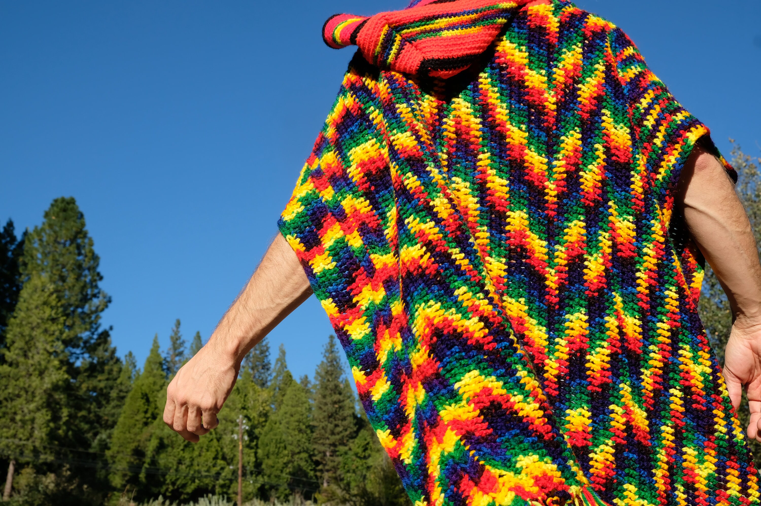 Crochet Poncho Rainbow Psychedelic Variegated Lines and Hoodie L