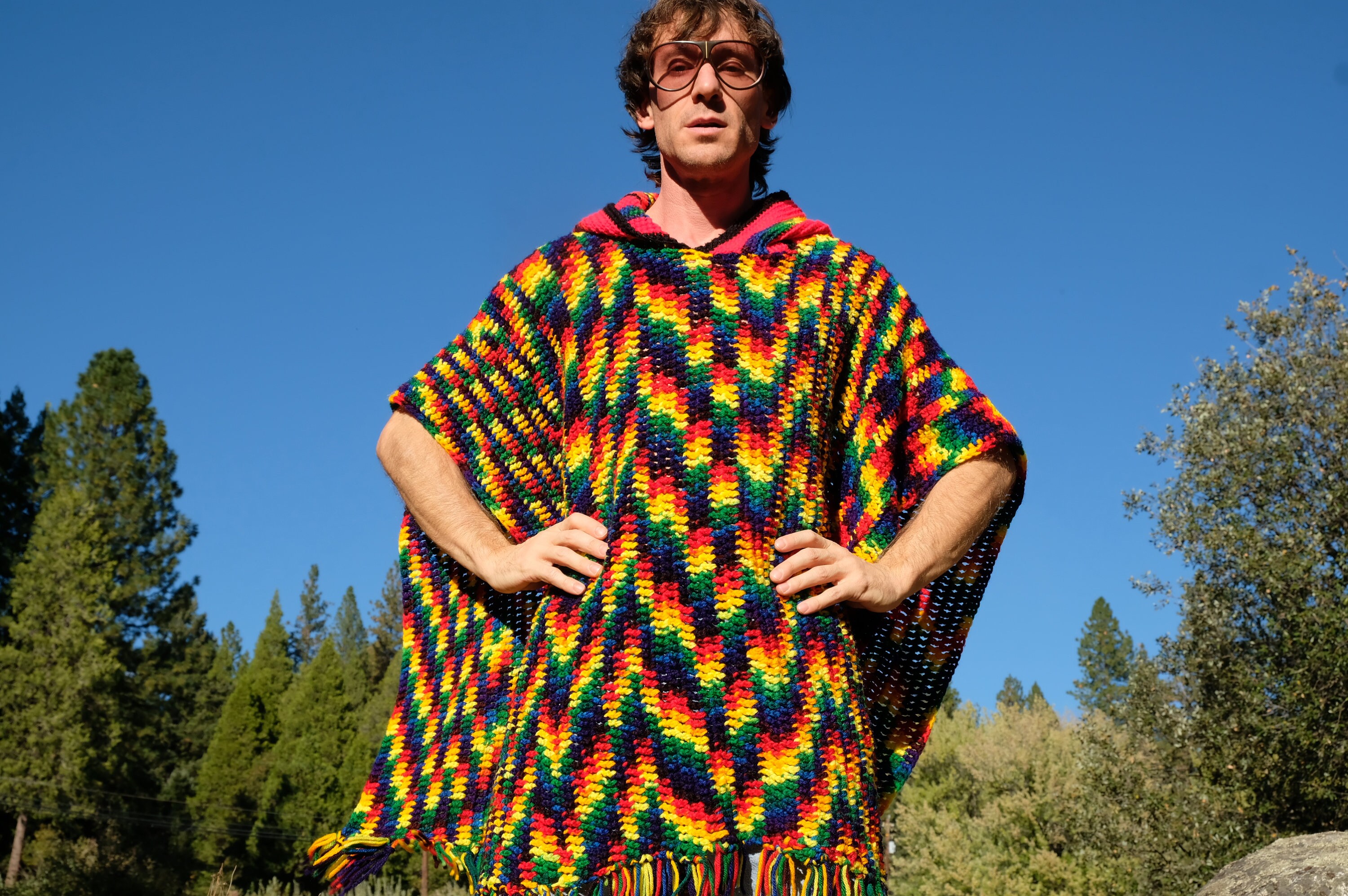 Crochet Poncho Rainbow Psychedelic Variegated Lines and Hoodie L