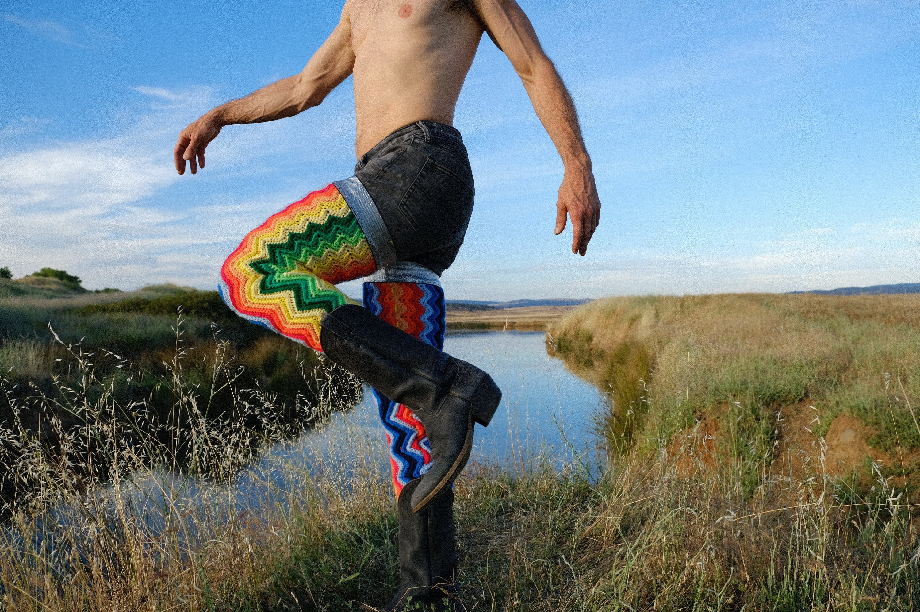 Crochet Leg Warmers Thigh High Chaps Rainbow ZigZags M