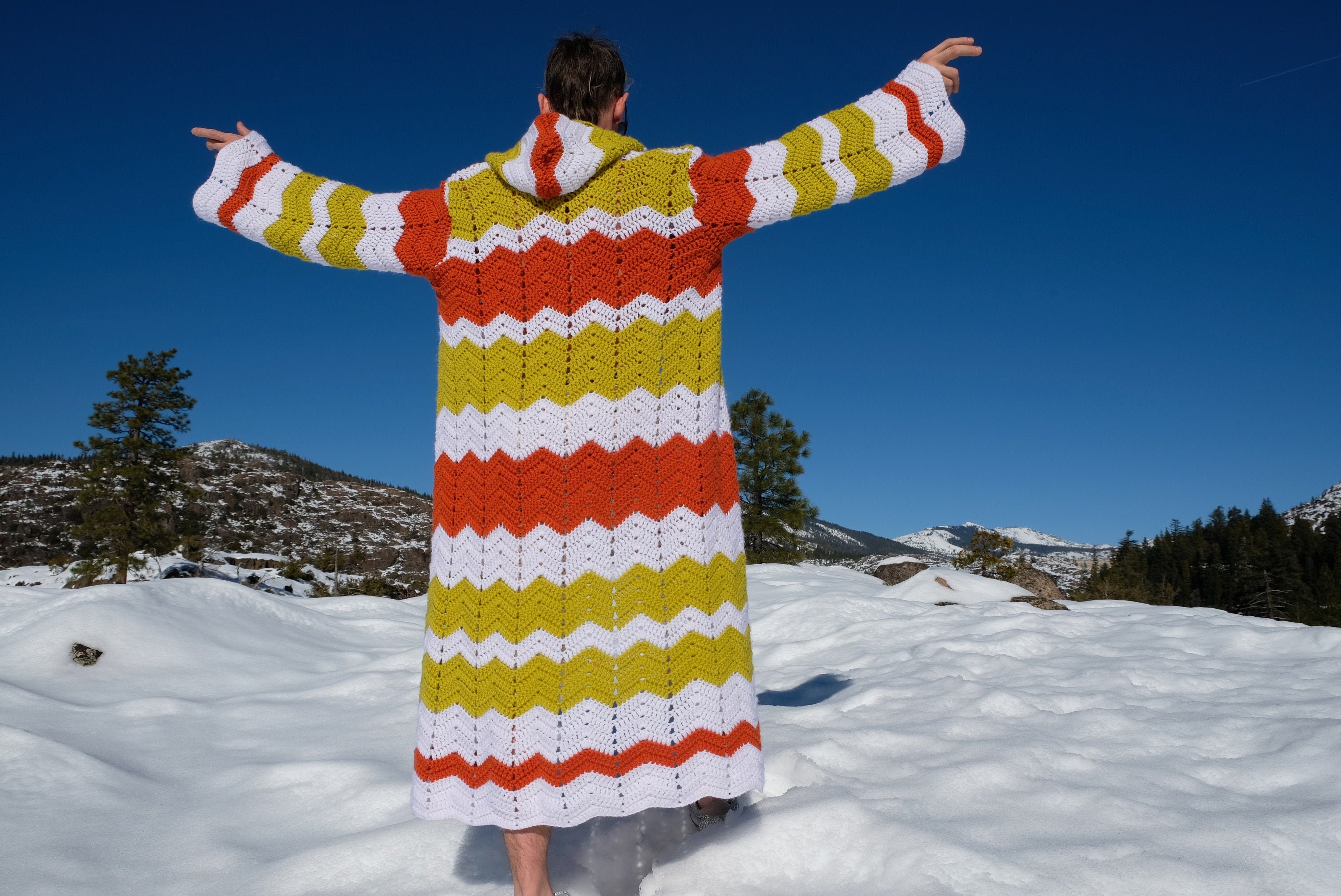 Crochet Sweater Robe White Green and Rust Ultra Soft Floor Length L
