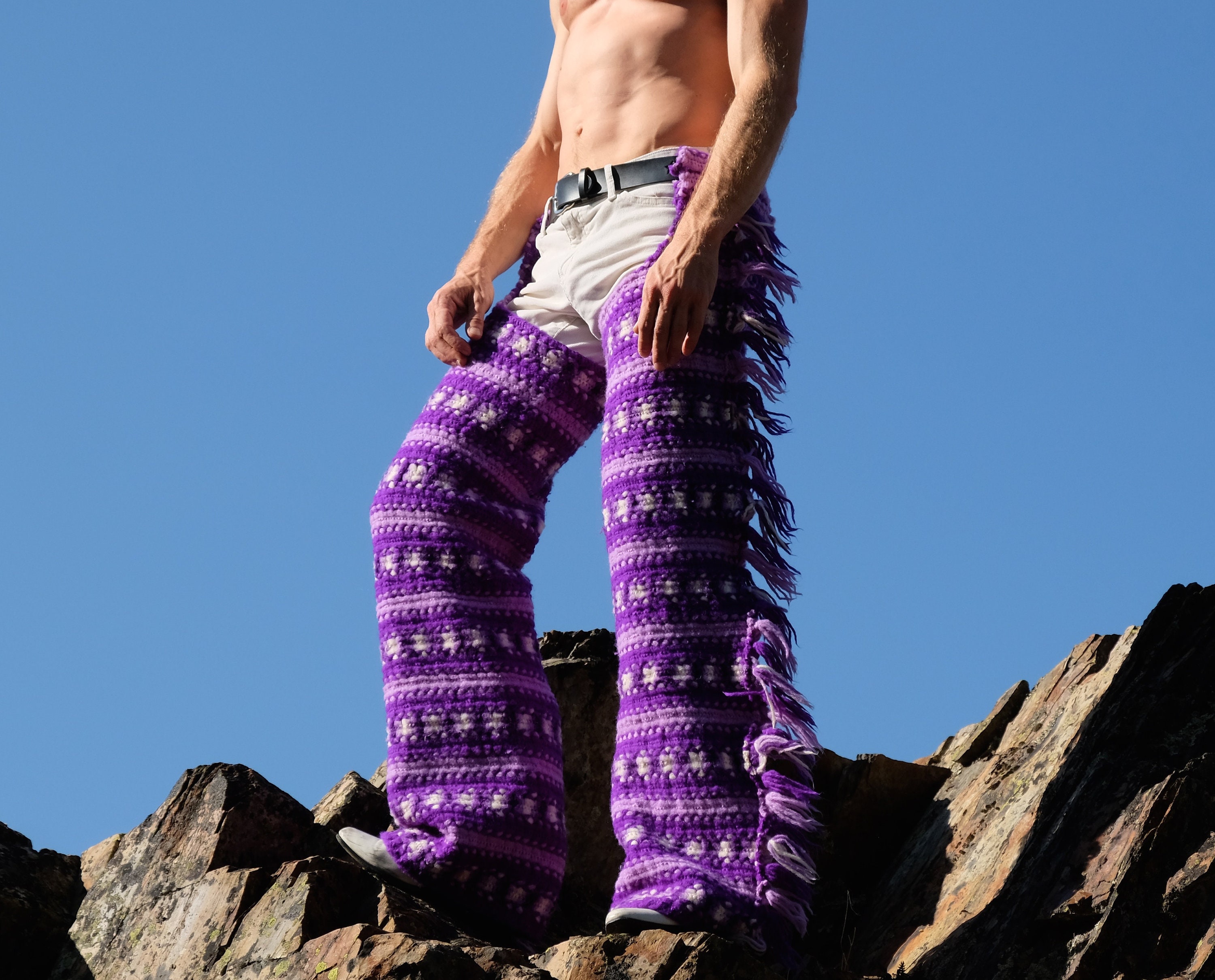 Crochet Chaps Cowboy Side Fringe Purple And White Wool L