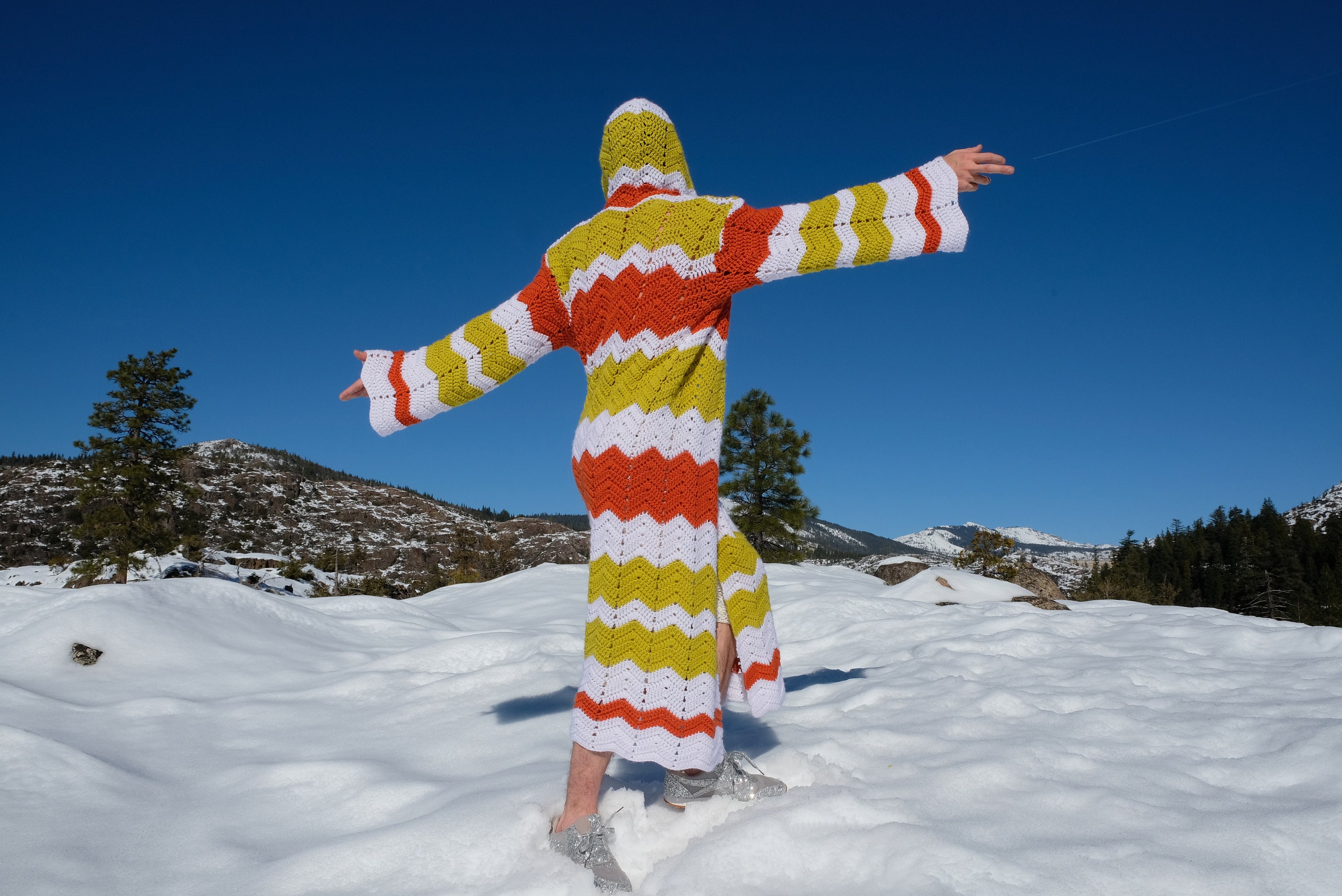 Crochet Sweater Robe White Green and Rust Ultra Soft Floor Length L