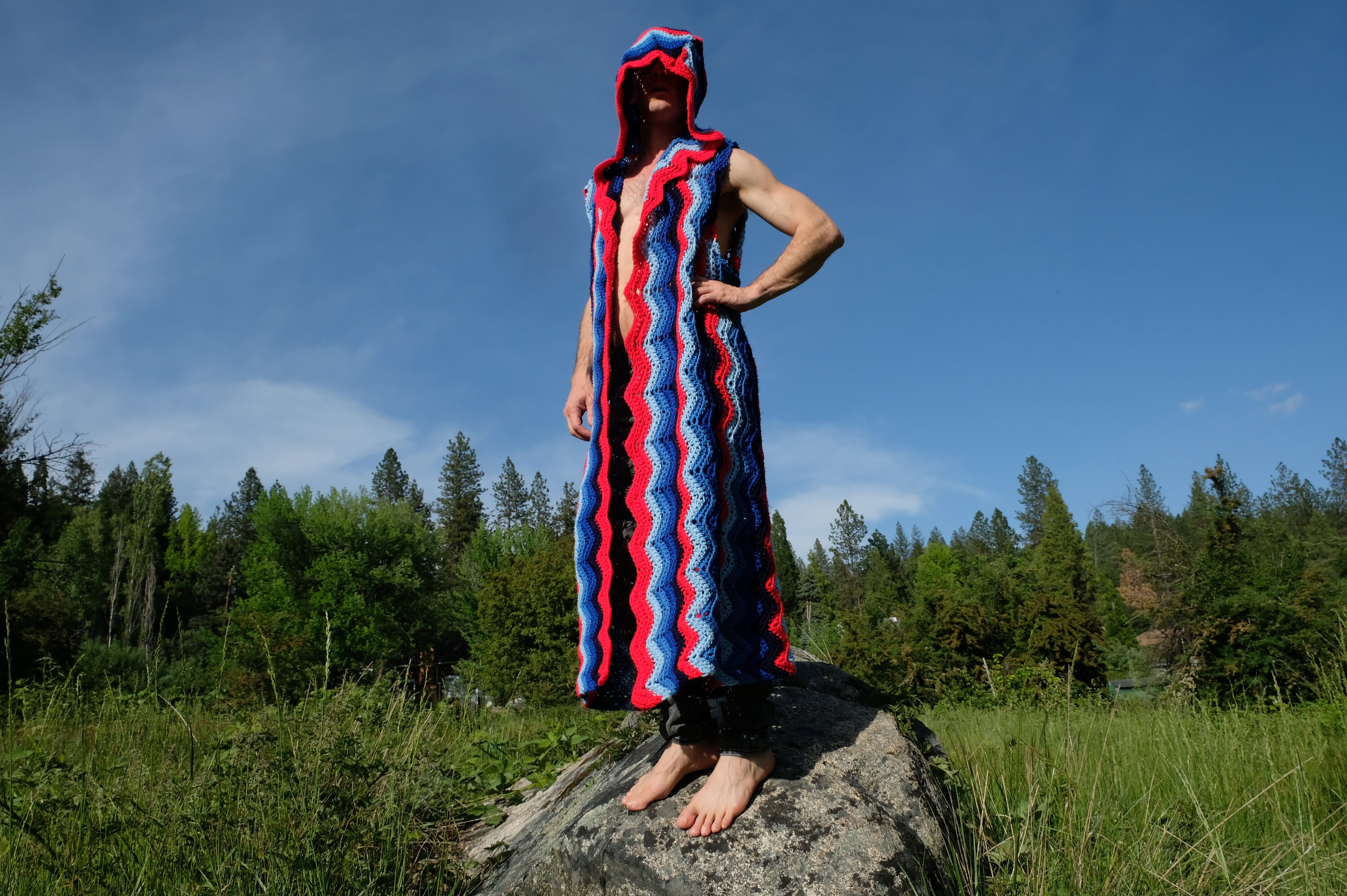 Crochet Sweater Robe Hoodie Full Length Black Red and Blue Long XL