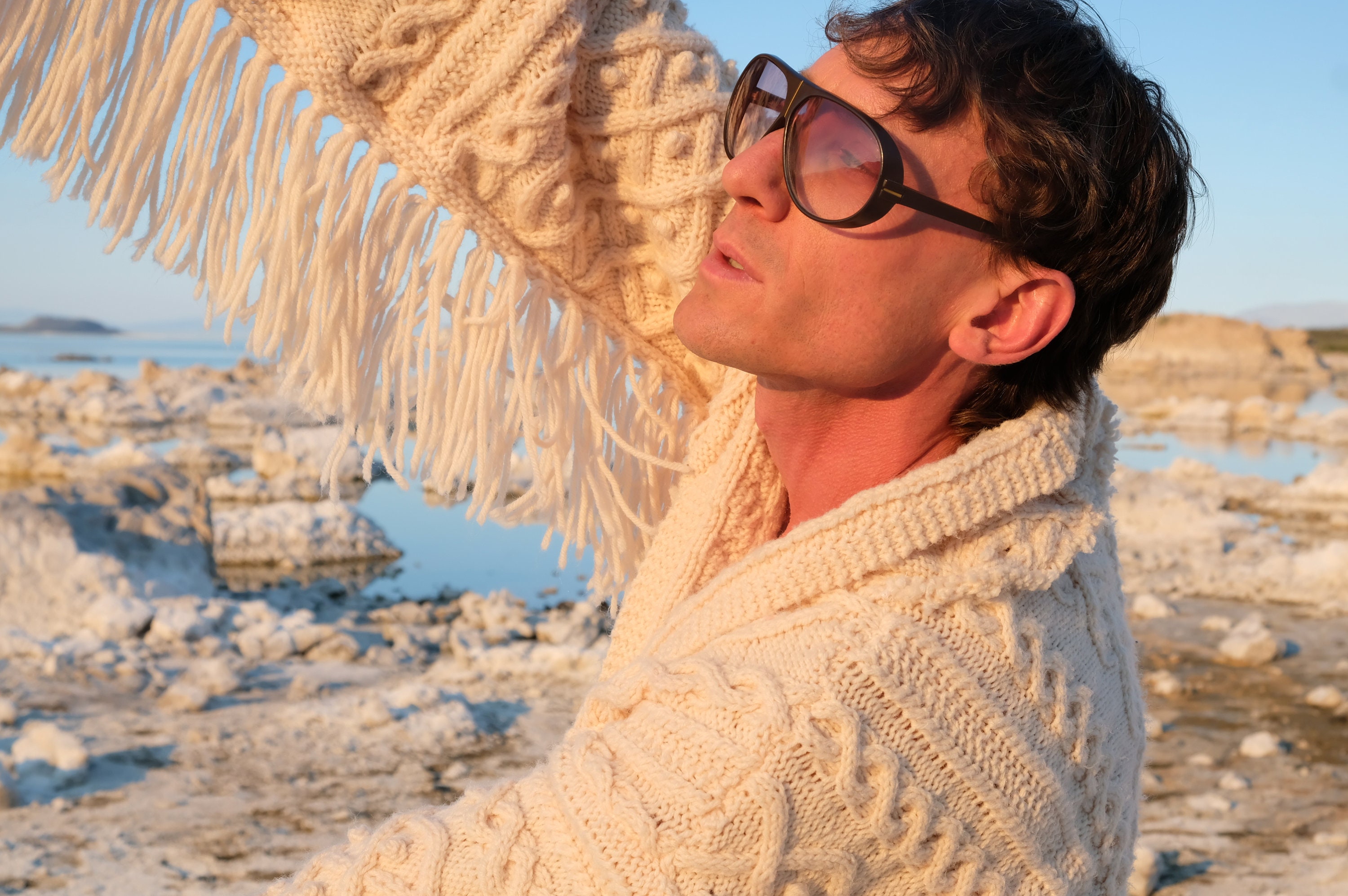 Knit Sweater Robe Long Fringe Cables Plush White L but fits larger and ...