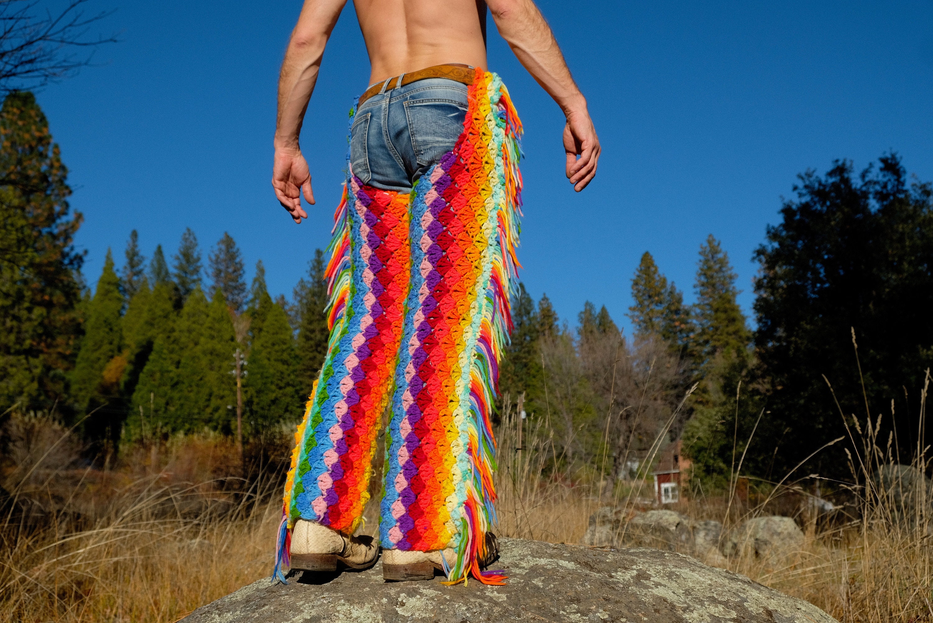 Crochet Chaps Psychedelic Rainbow Diamonds and Side Fringe M