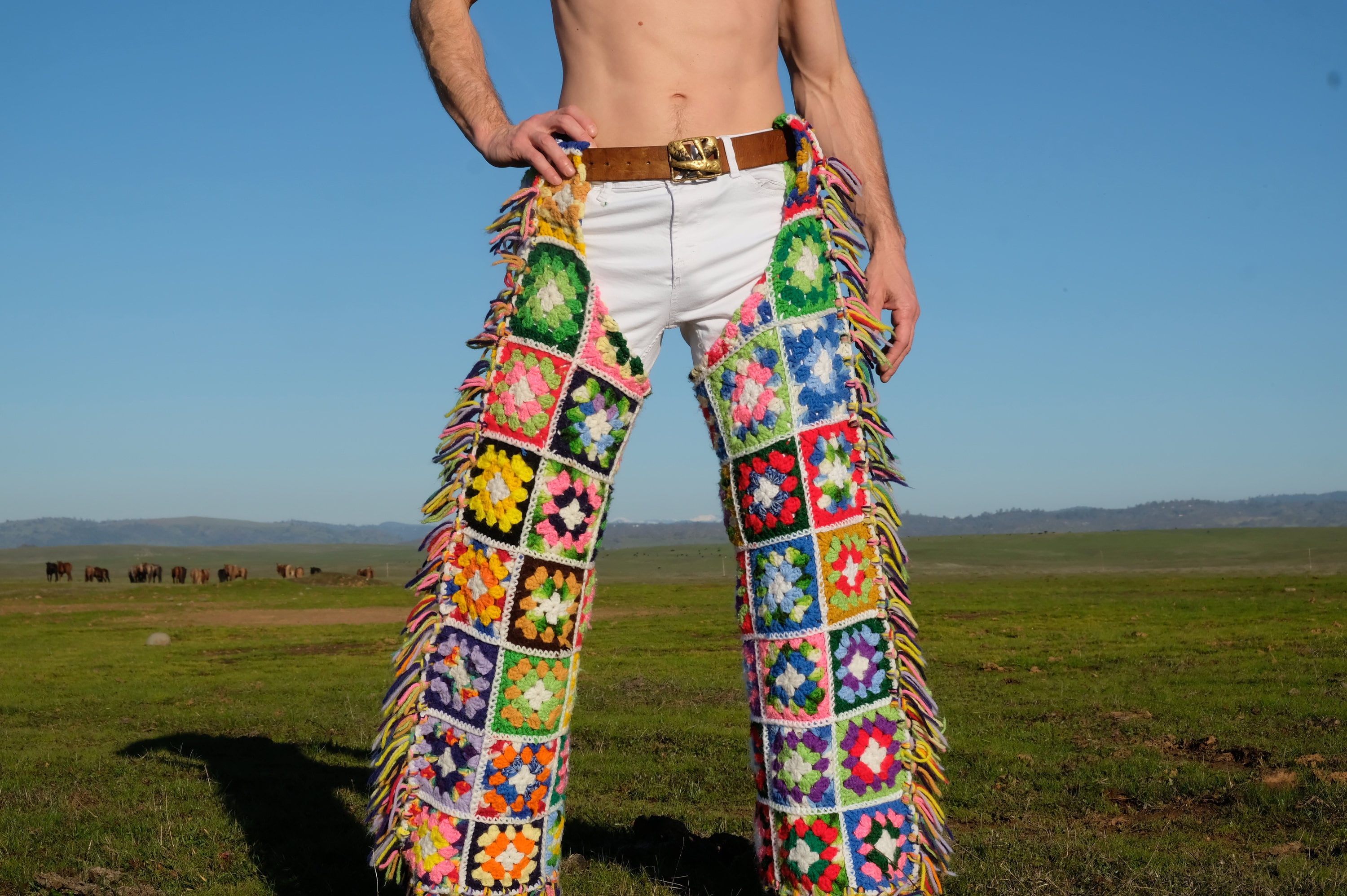 Crochet Chaps Multicolor Squares and Side Fringe M