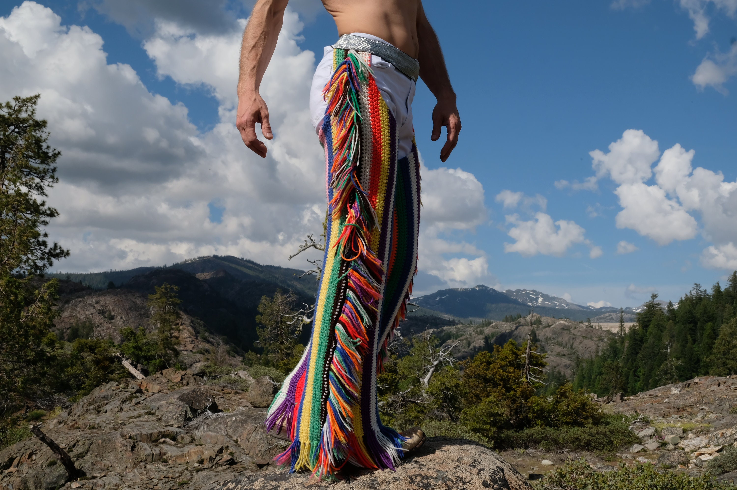 Crochet Chaps Rainbow Side Fringe and Silver Elastic M