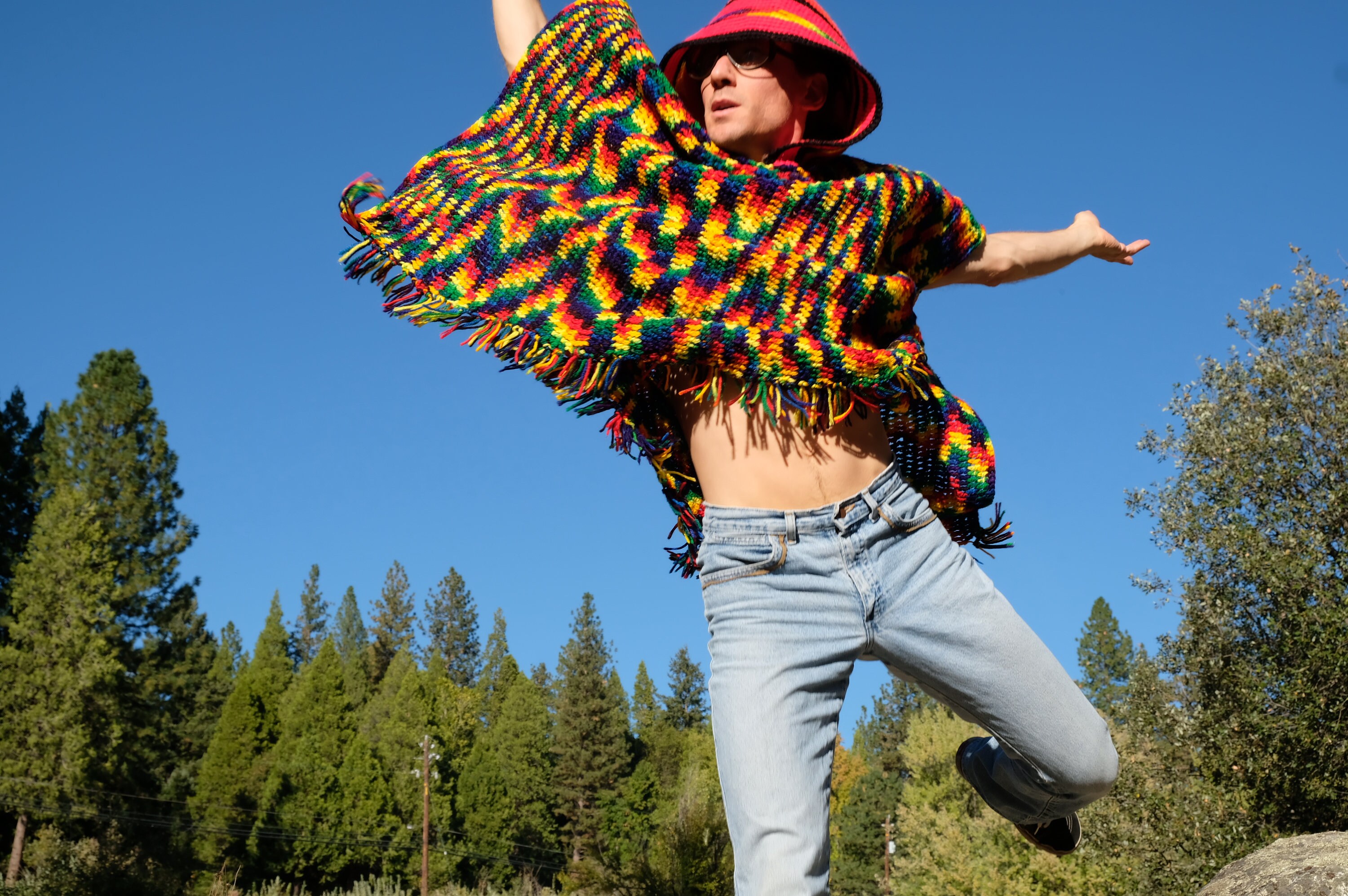 Crochet Poncho Rainbow Psychedelic Variegated Lines and Hoodie L