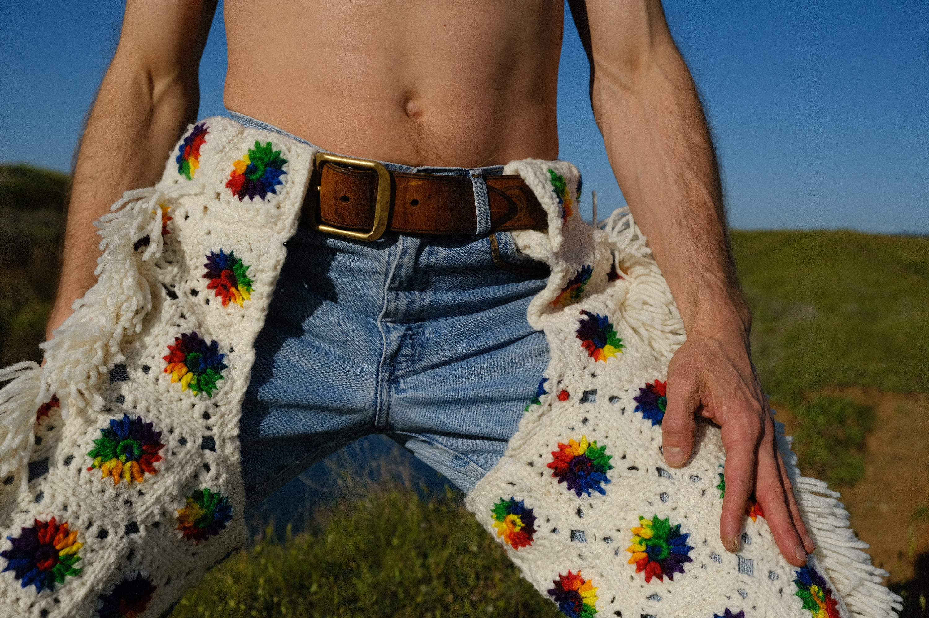 Crochet Chaps Rainbow Wheels on White Squares Side Fringe L