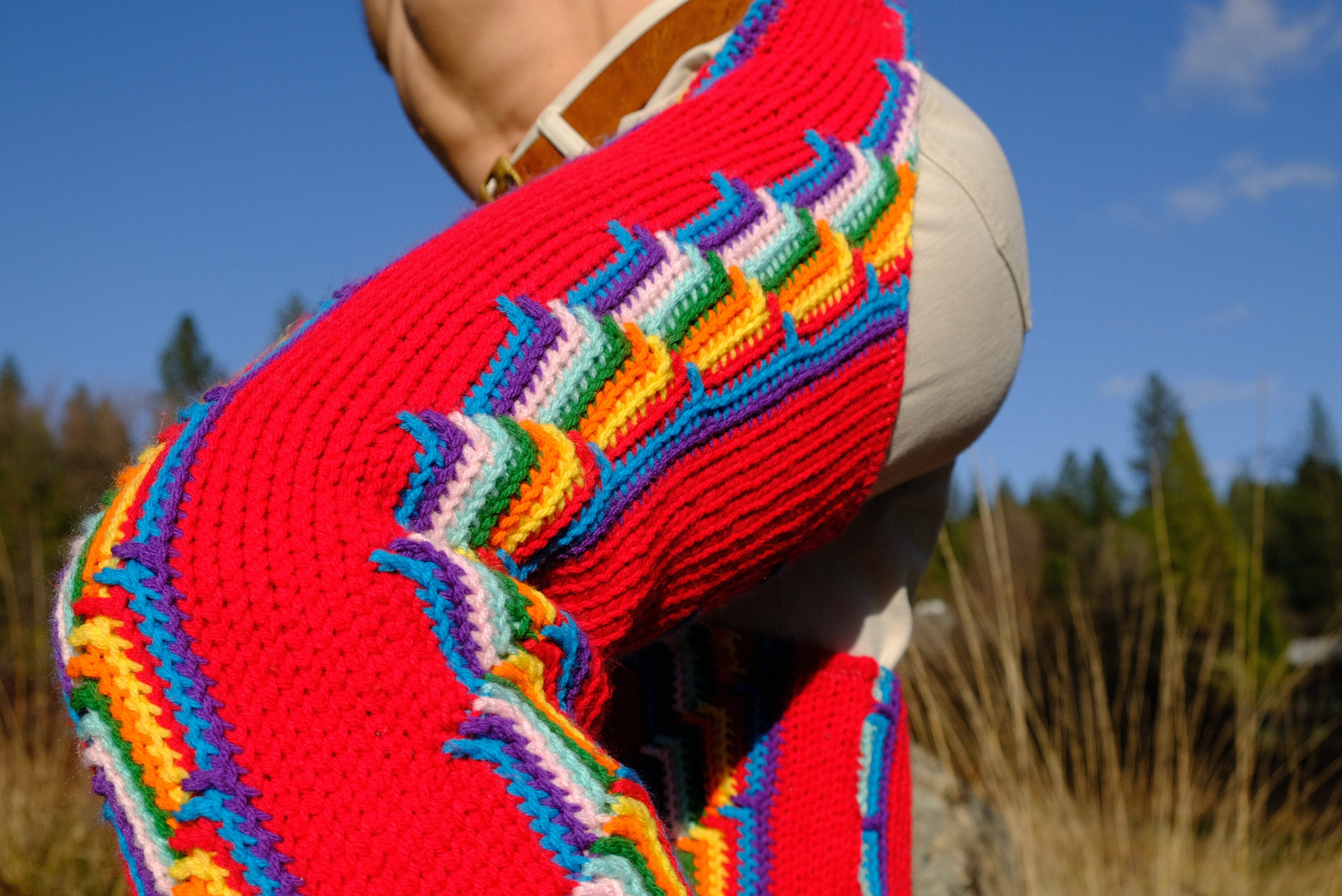 Crochet Chaps Bright Red and Blue Rainbow Stripe S
