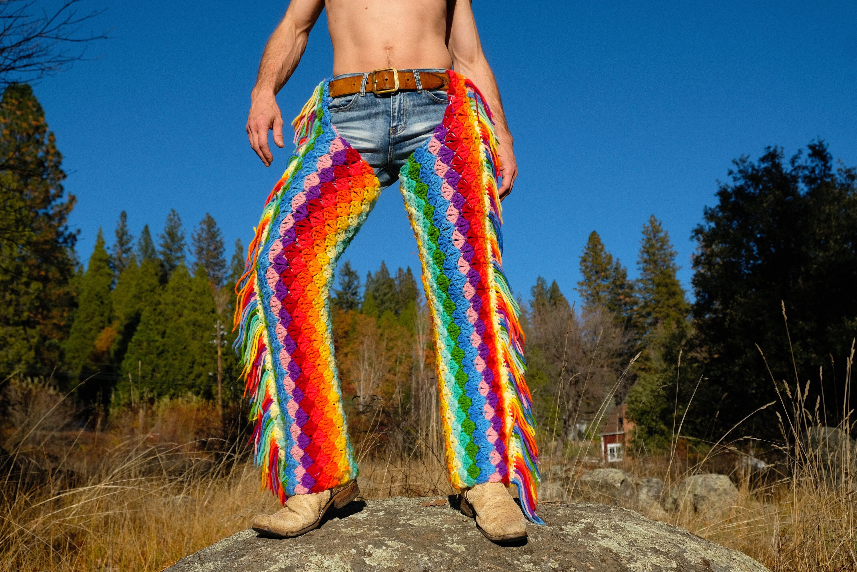 Crochet Chaps Psychedelic Rainbow Diamonds and Side Fringe M
