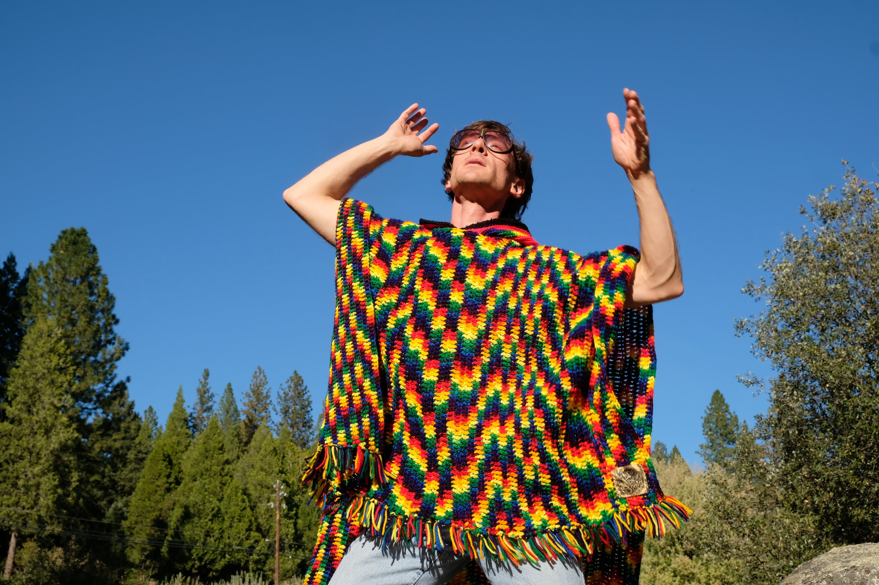 Crochet Poncho Rainbow Psychedelic Variegated Lines and Hoodie L