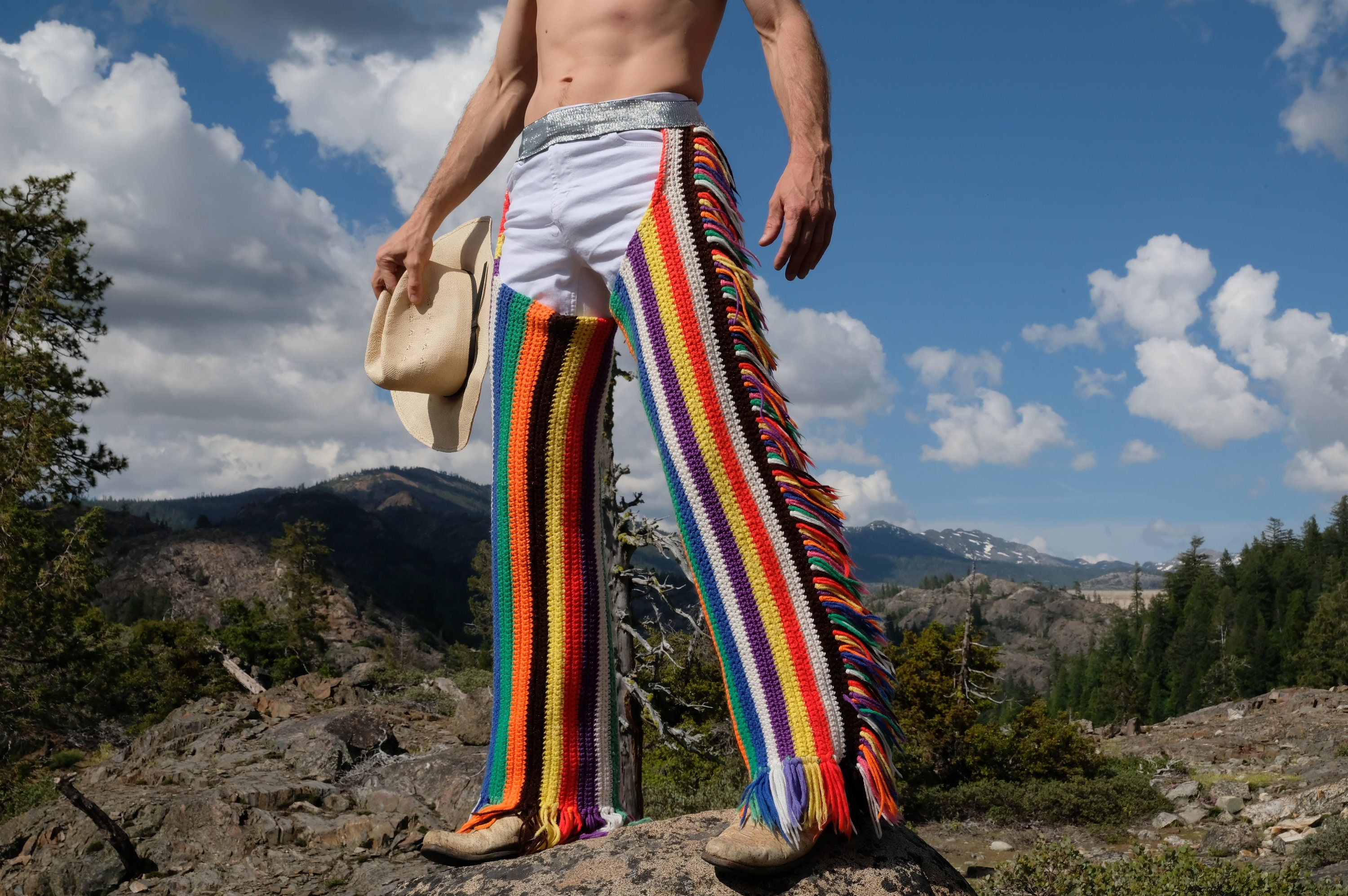 Crochet Chaps Rainbow Side Fringe and Silver Elastic M