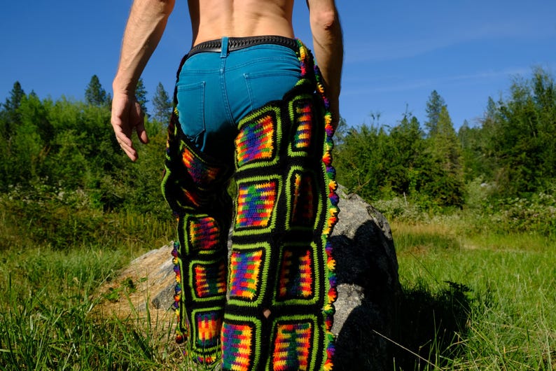 Crochet Chaps Rainbow Television Static on Black Squares L - Etsy