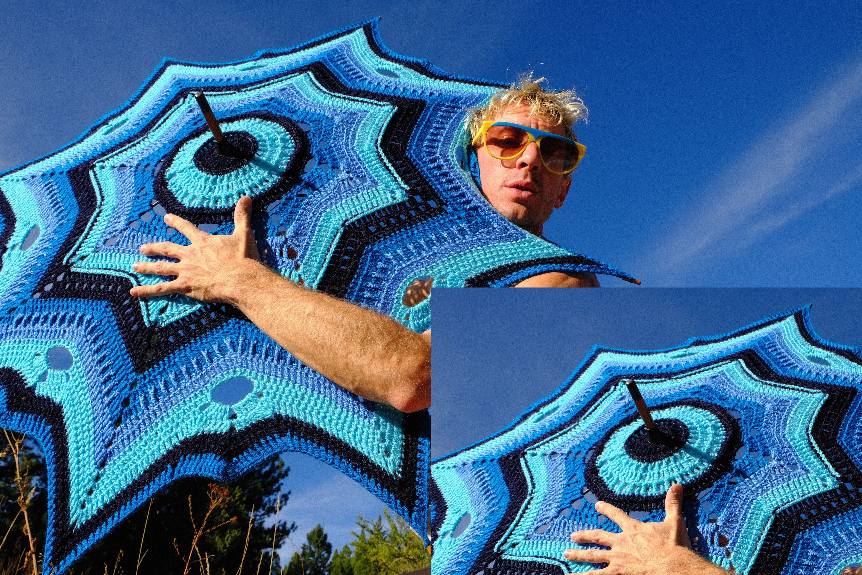 Crochet Parasol Turquoise and Blue Op Art Psychedelic Star
