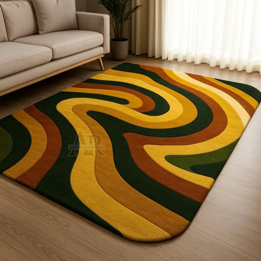 Hand Tufted Retro Wool Rug Mid Century Modern Abstract Area Rug Living ...