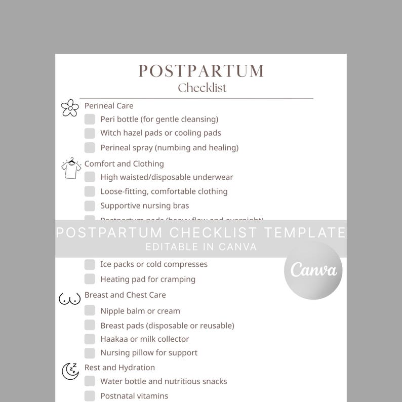 Postpartum Checklist Template | New Mom Recovery Planner | Printable ...