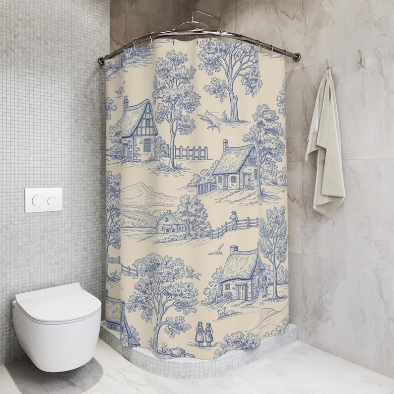 Blue Toile Shower Curtain: Cottagecore Pastoral Countryside Bathroom ...