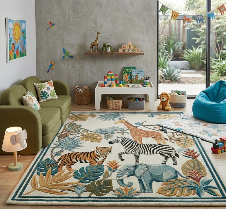 Hand Tufted Jungle Safari Rug, Animal Motif & Wildlife Tiger Elephant ...