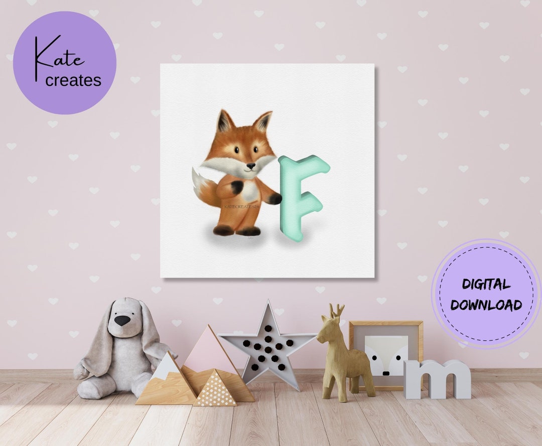 Adorable F is for Fox Printable Digital Painting for Nursery and Kids ...