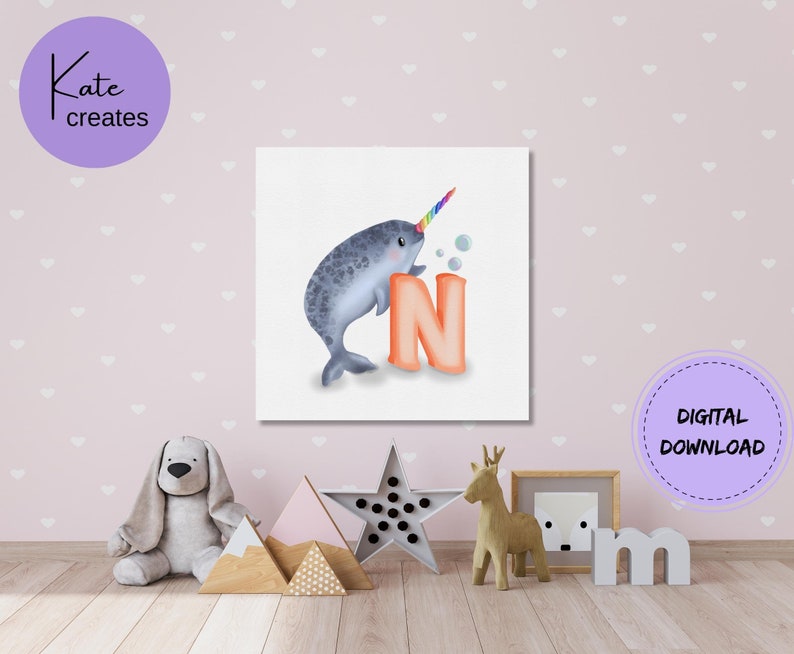 Adorable N is for Narwhal Printable Digital Painting for - Etsy