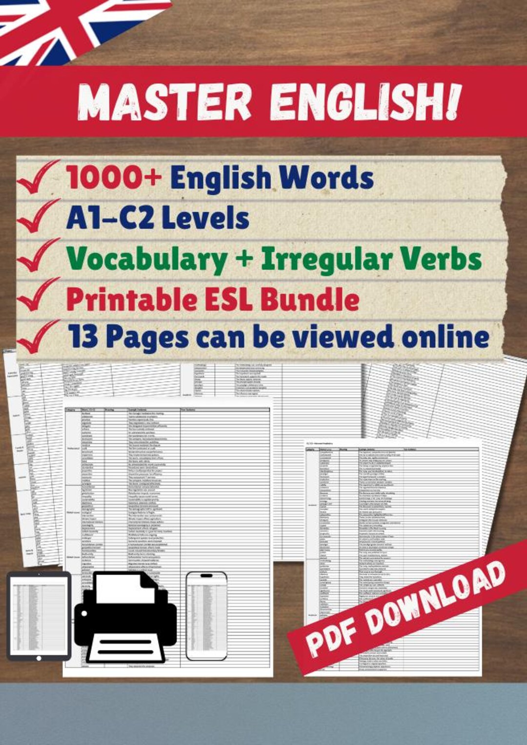 ESL Vocabulary Worksheets | English A1-C2 + Irregular Verbs (printable ...