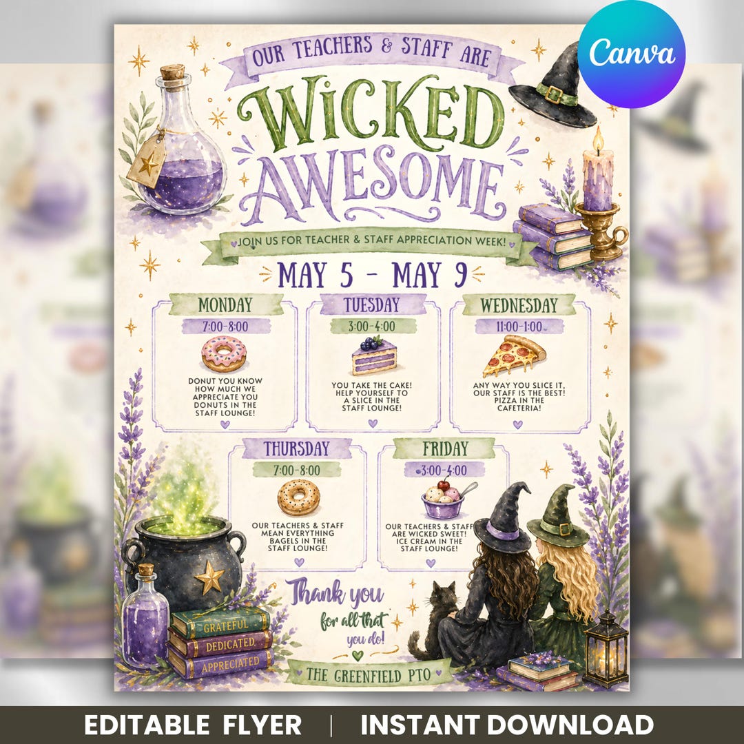 Wicked Teacher Appreciation Week Calendar, Flyer, and Sign Template ...