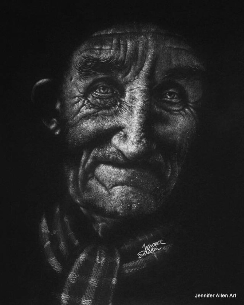 White Pencil Portrait Black Paper | Etsy