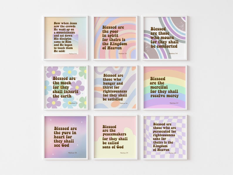 Beatitudes Retro Pastel Set of 9 Wall Art Prints: Christian Decor ...
