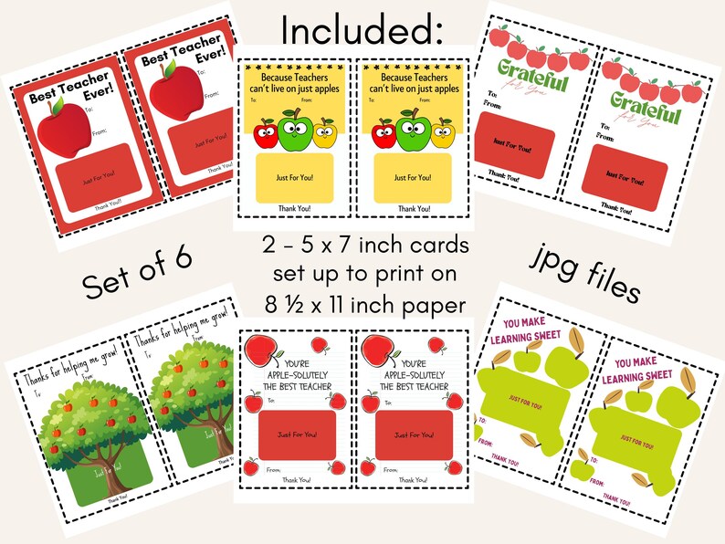 Teacher Gift Card Holder Printable Set, Apple Theme Thank You Cards ...