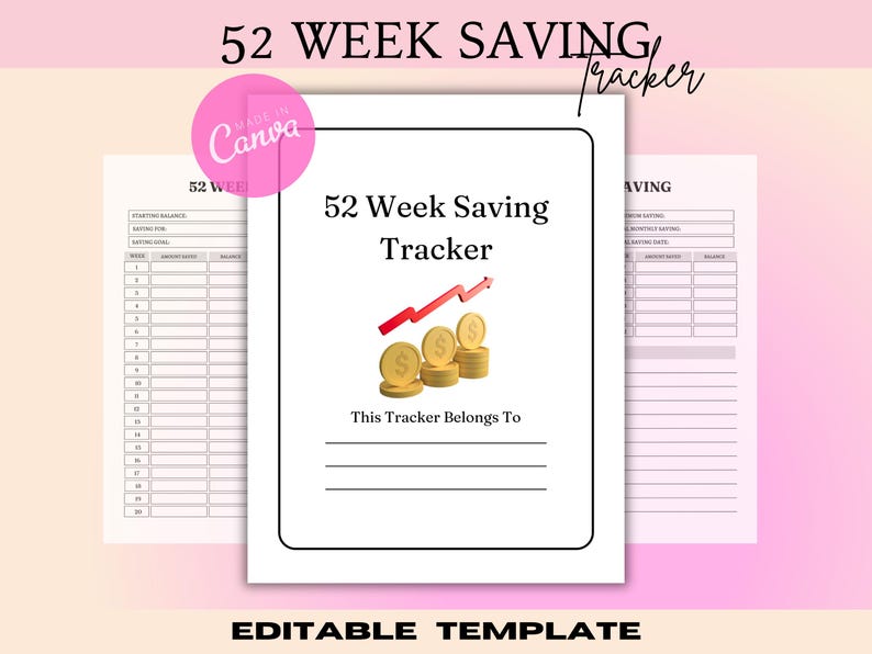 52 Week Savings Tracker: Printable Canva Template (PNG, JPG, PDF) - Etsy