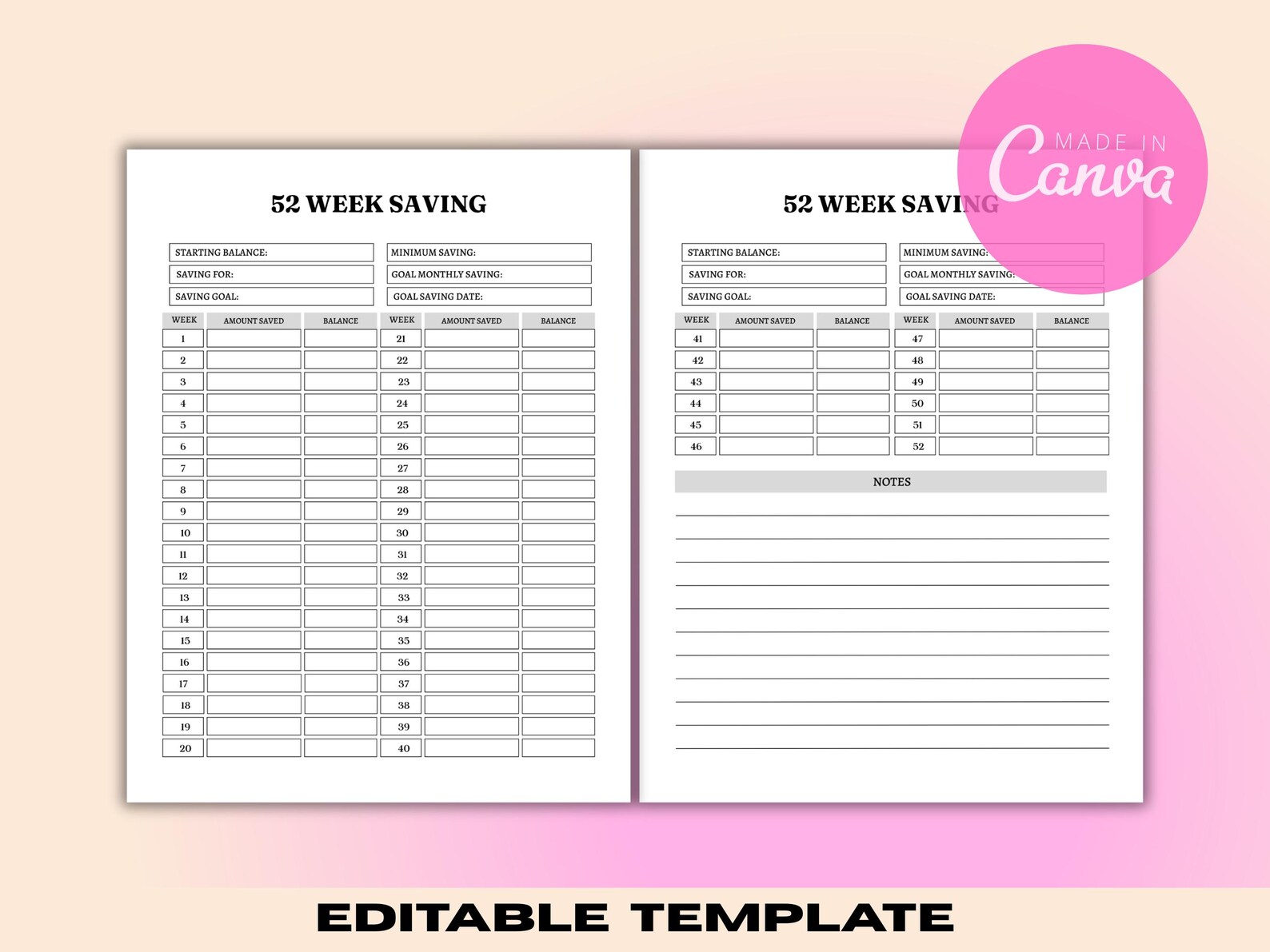 52 Week Savings Tracker: Printable Canva Template (PNG, JPG, PDF) - Etsy