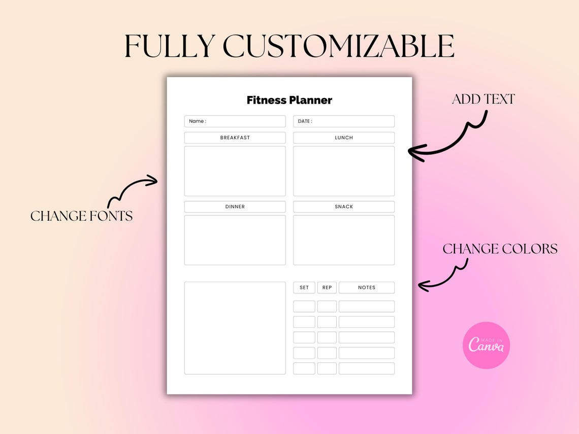 Printable Fitness Planner Template: Editable Canva Design (PDF, PNG ...
