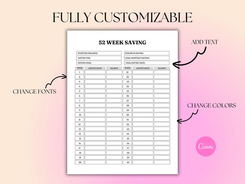 52 Week Savings Tracker: Printable Canva Template (PNG, JPG, PDF) - Etsy
