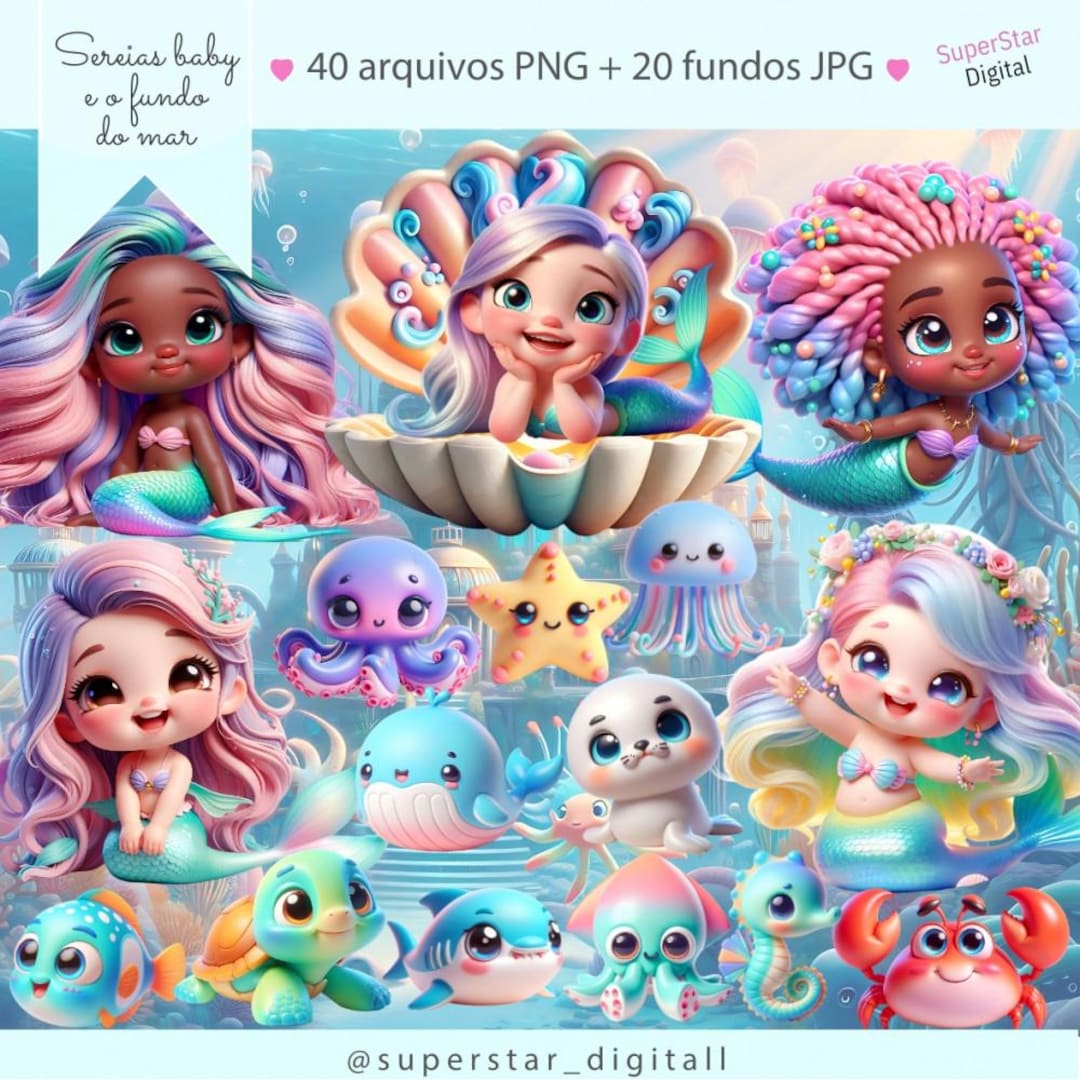 Baby Mermaid Digital Clipart Bundle | 40 Under the Sea Elements in PNG ...