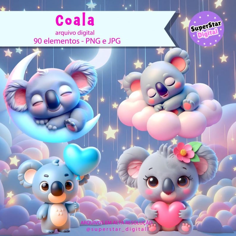 Koala Digital Clipart Bundle | 100 Cute Elements in PNG & JPG | Instant ...