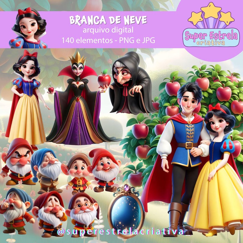 Snow White the Seven Dwarfs Digital Kit – 140 PNG JPG Elements ...