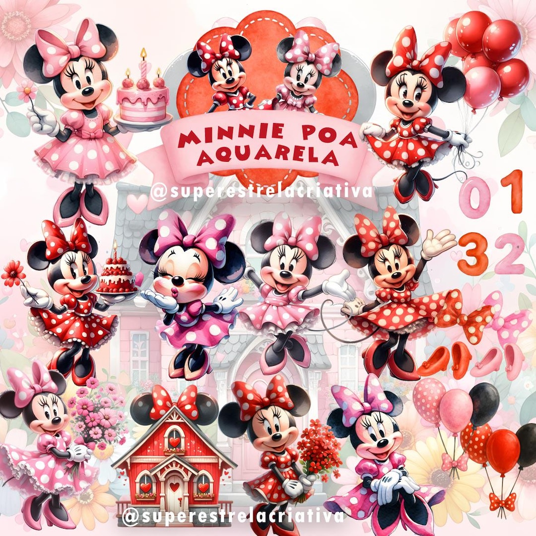 Watercolor Minnie Mouse Polka Dot Digital Kit | 90 PNG JPG Elements ...