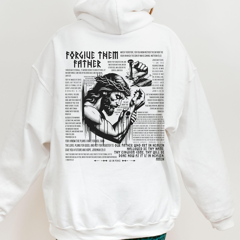 Forgive Them Father Scripture Hoodie, Jesus on Crucifix, Ruin Style ...