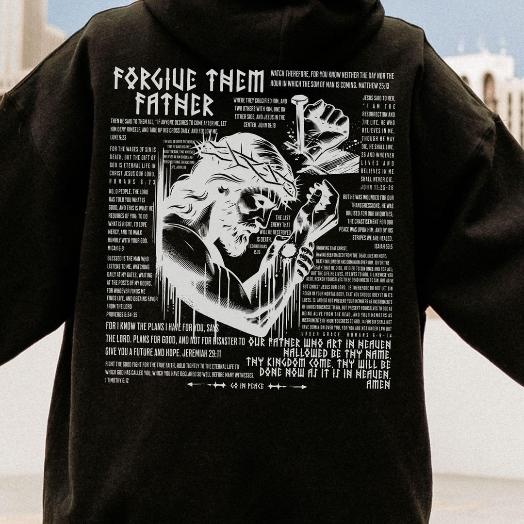 Forgive Them Father Scripture Hoodie, Jesus on Crucifix, Ruin Style ...
