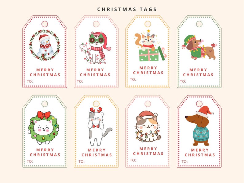 Printable Christmas Gift Tags | Cute Pets, Cats & Dogs, Holiday Present ...