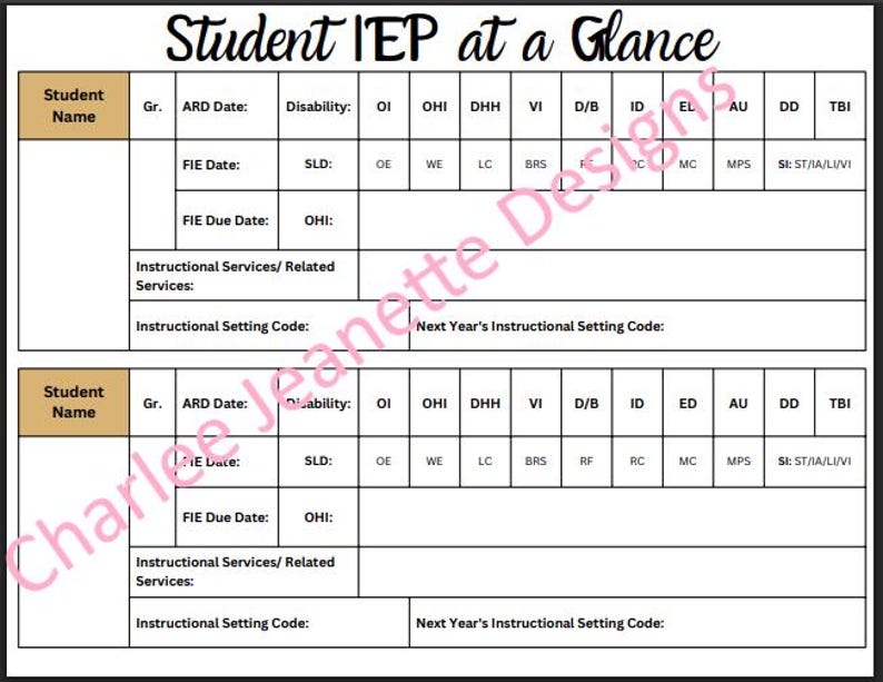 Special Education IEP at a Glance Template-iep Snapshot Form - Etsy