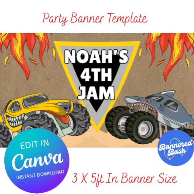 Monster Jam Birthday Banner – 3x5ft Editable Canva Template | Digital ...