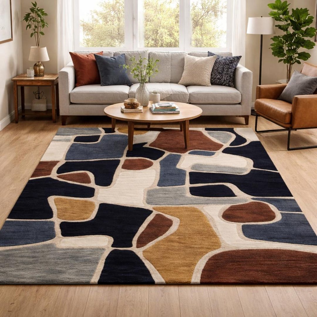 Abstract Mid-century Modern Rug Earthy Geometric Hand-tufted Wool ...