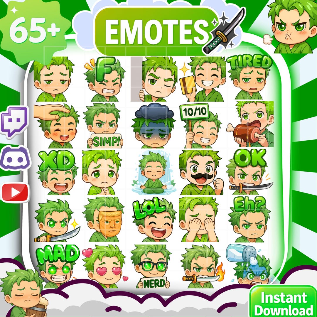 65+ Chibi Boy Emotes Pack – Cute Kawaii Green Hair Anime Sword Fighter ...