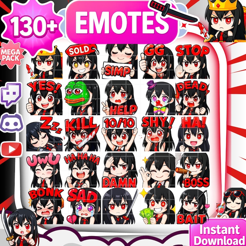 130+ Anime Cute Chibi Girl Emotes Mega Pack – Kawaii Black Hair Red ...