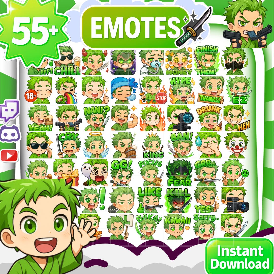 55+ Chibi Boy Emotes Pack – Kawaii Cute Green Hair Anime Swordsman ...