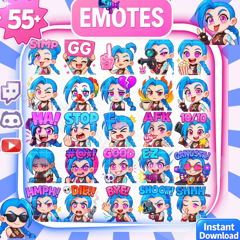 55+ Chibi Girl Emotes Bundle – Arcane Blue Hair Cute Gamer Emoji PNG ...